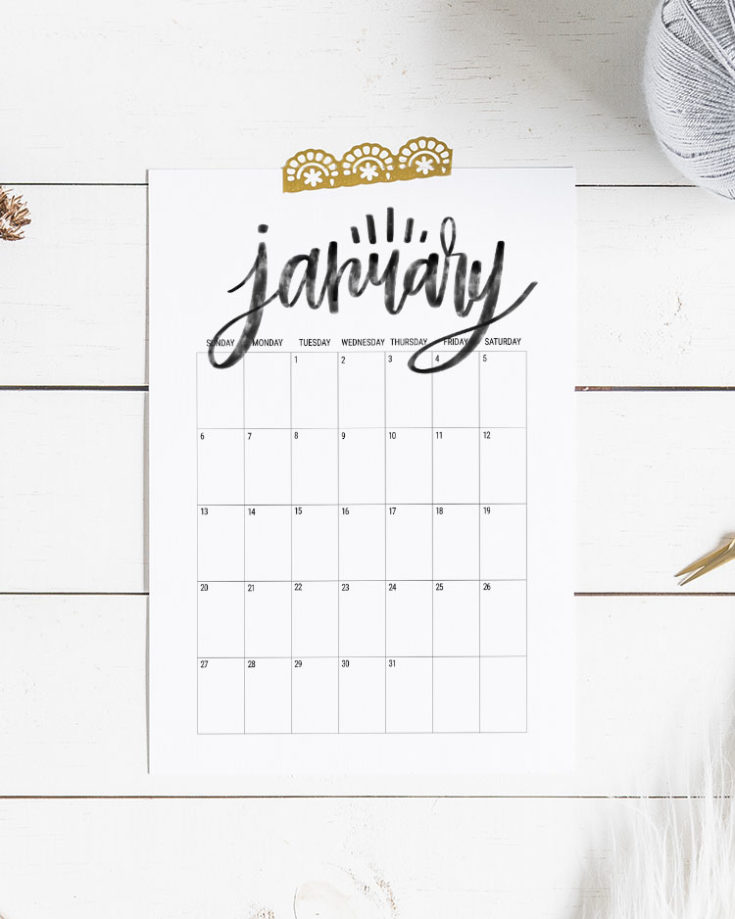 Hand Lettered Free Printable 2019 Monthly Calendar in Two Sizes